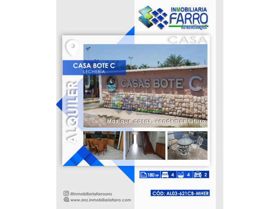 SE ALQUILA CASA EN CASAS BOTE C. LECHERÍA. AL03-621CB-MHER - US$1,000 USD